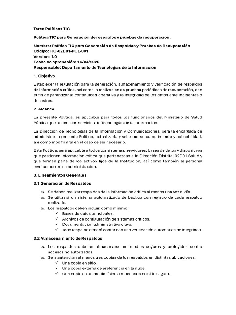 Modelo Política TIC para Generación de respaldos y pruebas de recuperación | PDF | Tecnología de ...