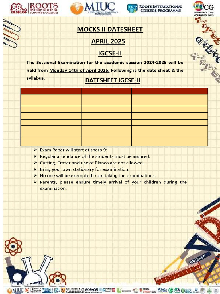 Mock Datesheet Igcse II | PDF