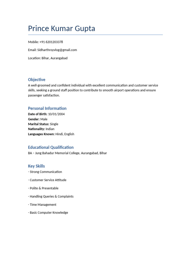 Prince Kumar Gupta Ground Staff Resume | PDF
