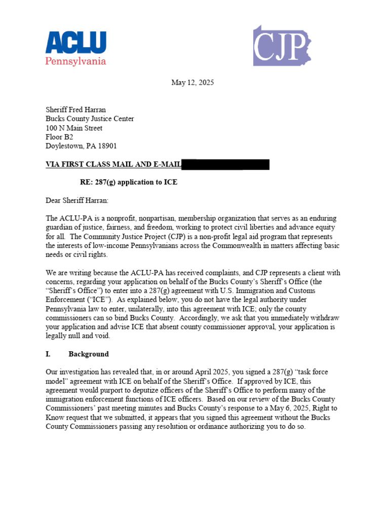 ACLU-PA Letter To Bucks County Sheriff | PDF | U.S. Immigration And ...