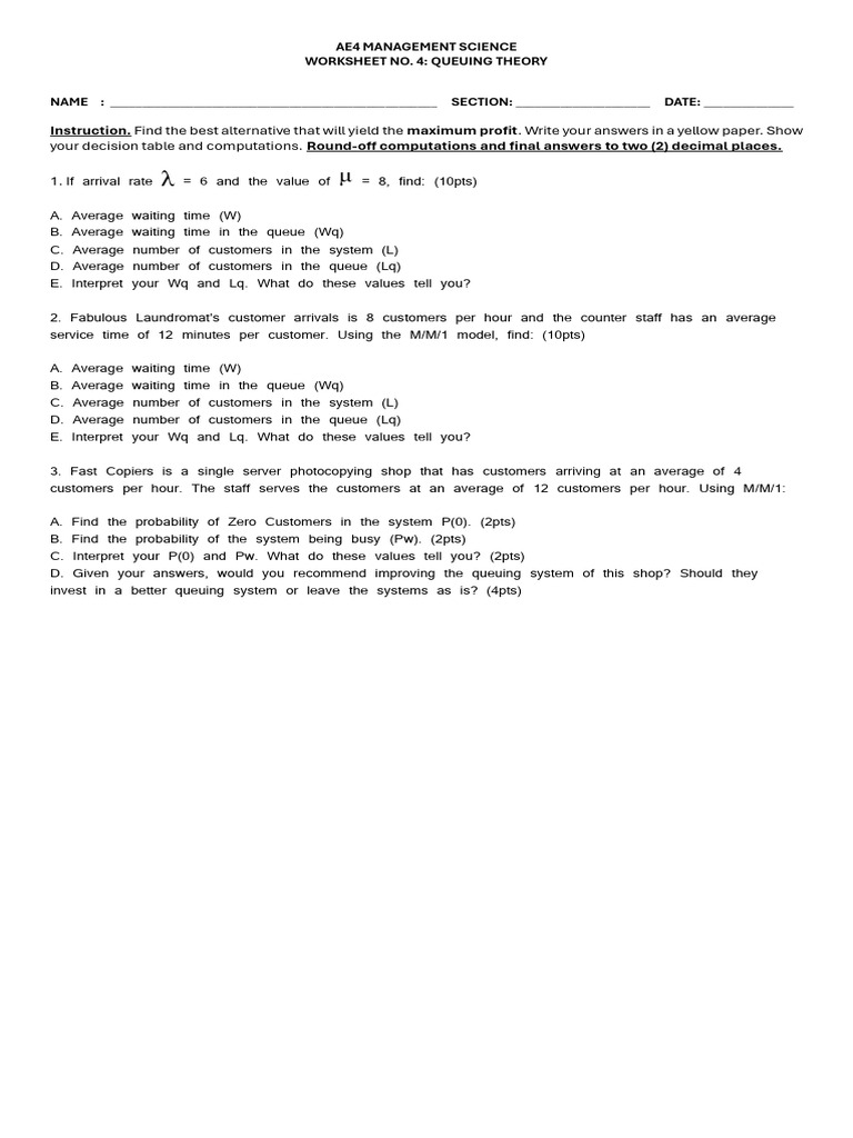 AE4 Worksheet 4 Queuing Theory | PDF