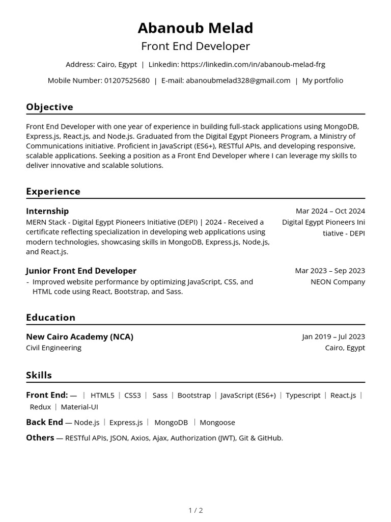 Abanoub Melad FlowCV Resume 20241219 | PDF | Java Script | Bootstrap (Front End Framework)