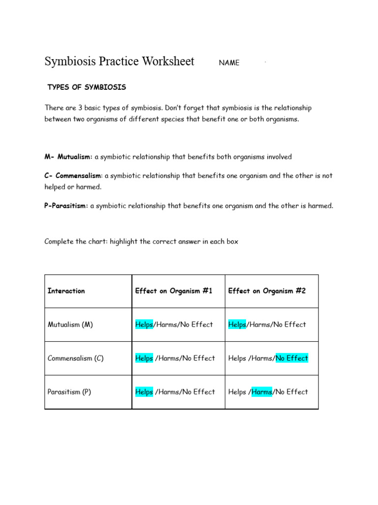 Symbiotic Relationships Worksheet - 9289096 | PDF