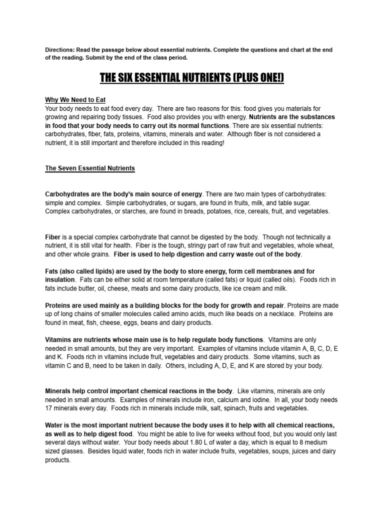 Essential Nutrients Worksheet - 9289096 | PDF | Foods | Carbohydrates