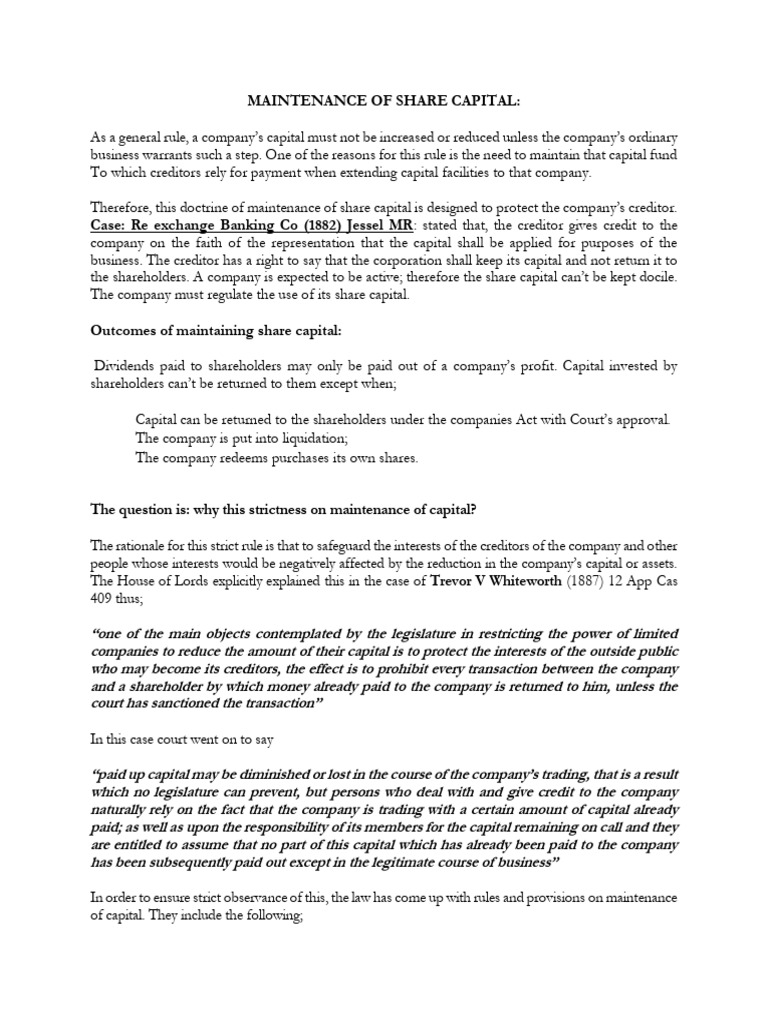 Maintenance of Share Capital | PDF | Dividend | Private Sector