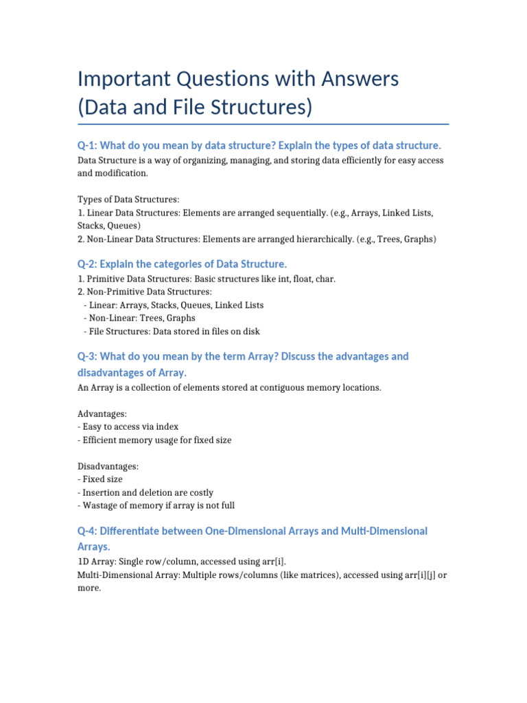 Data Structures Important Questions Answers Pdf Queue Abstract Data Type Algorithms And