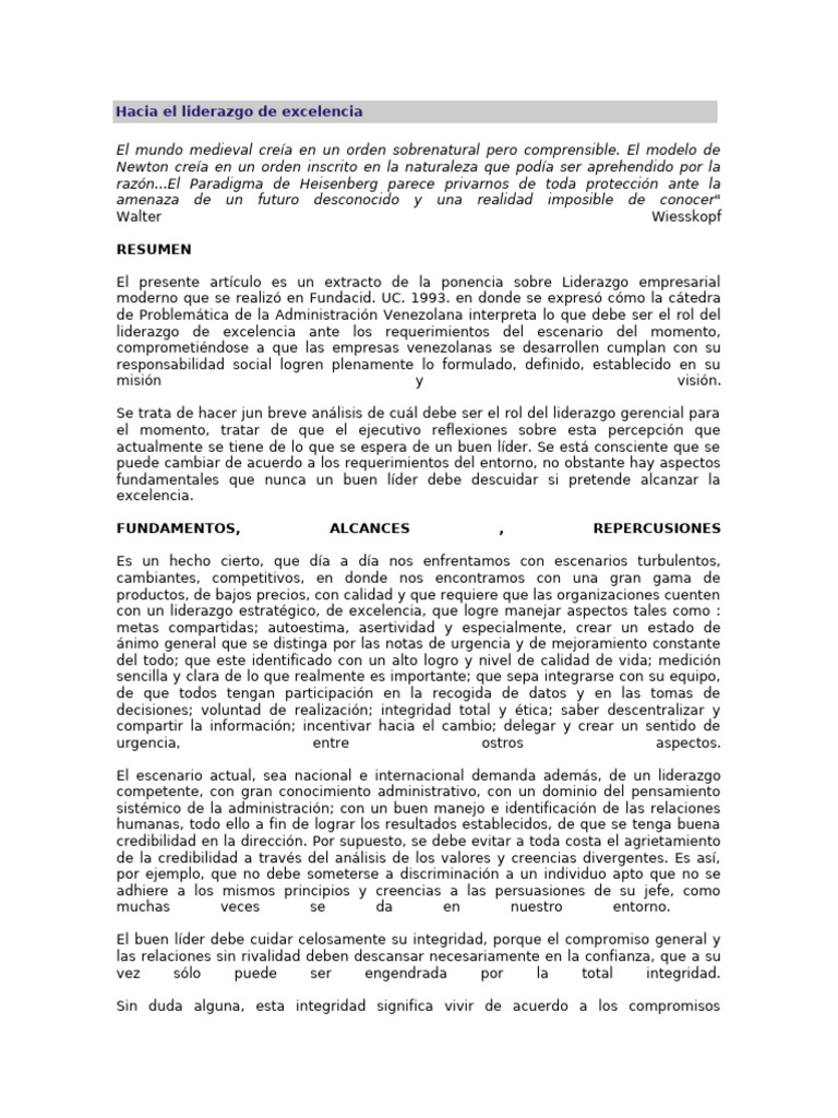 Hacia El Liderazgo de Excelencia | PDF | Liderazgo
