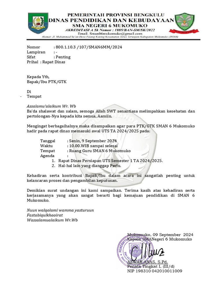 Undangan Rapat Dinas_mid_ta 2024-2025 | PDF
