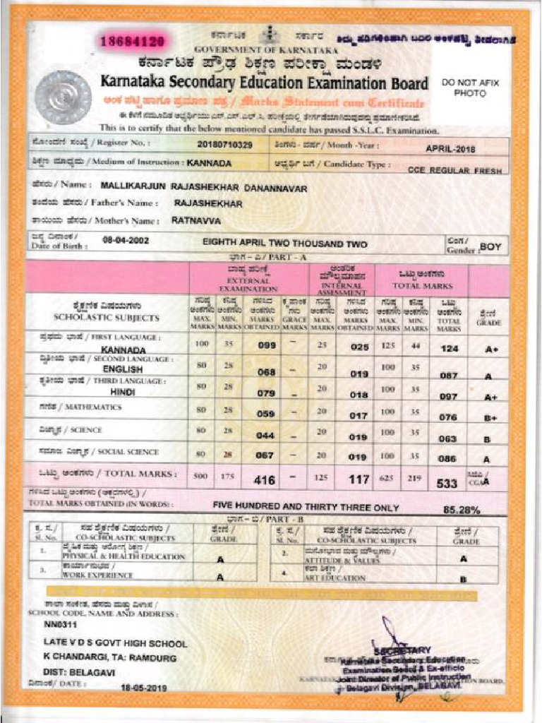 SSLC Marks Card | PDF