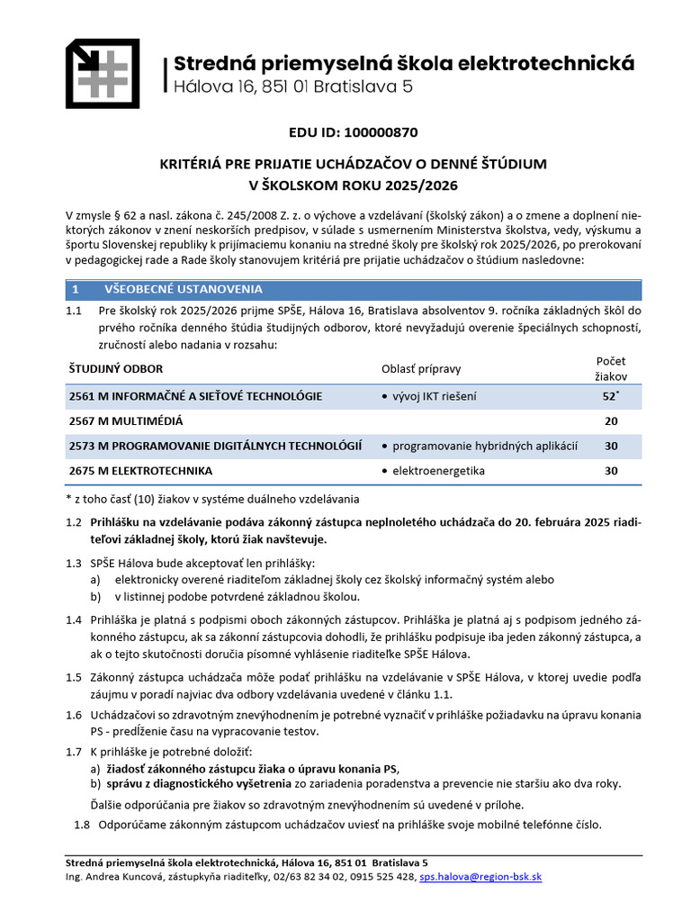 Kriteria Prijatia 2025 2026 SPSE Halova Bratislava Aktualizovane141 | PDF