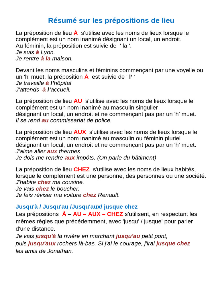 Prépositions de lieu en français | PDF