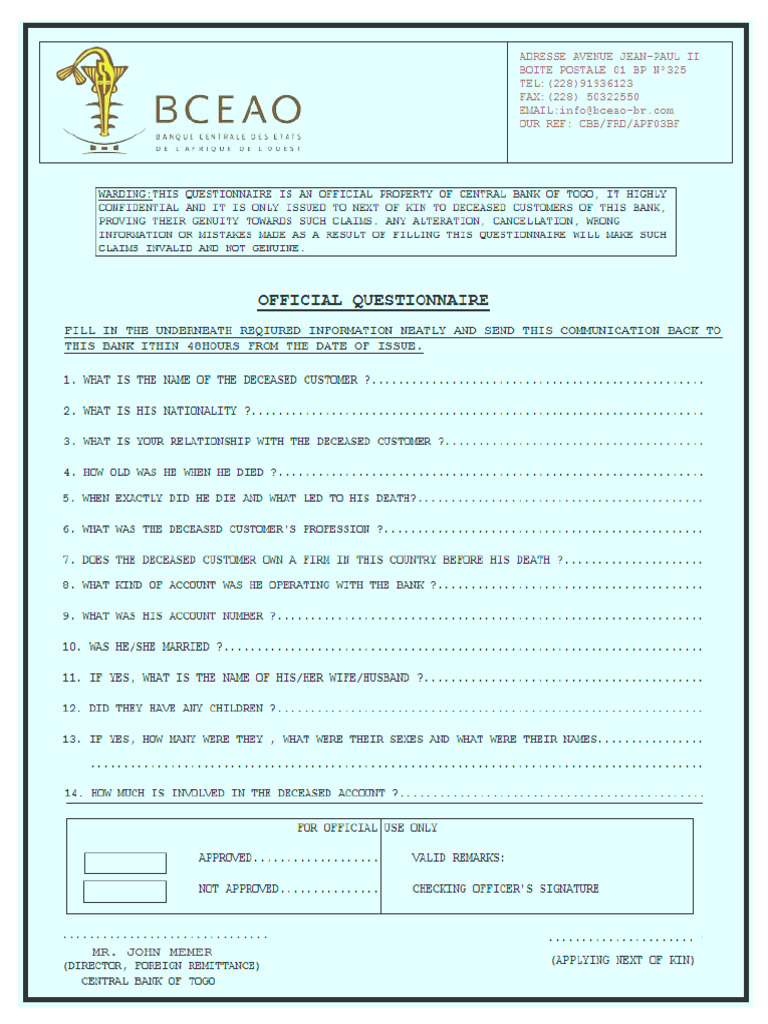 Questionnarie Form. | PDF