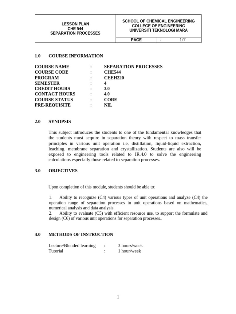 Lesson Plan Che544 Mac 2025 | PDF | Distillation | Crystallization