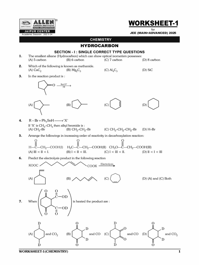 Hydrocarbon Worksheet - 1 | PDF