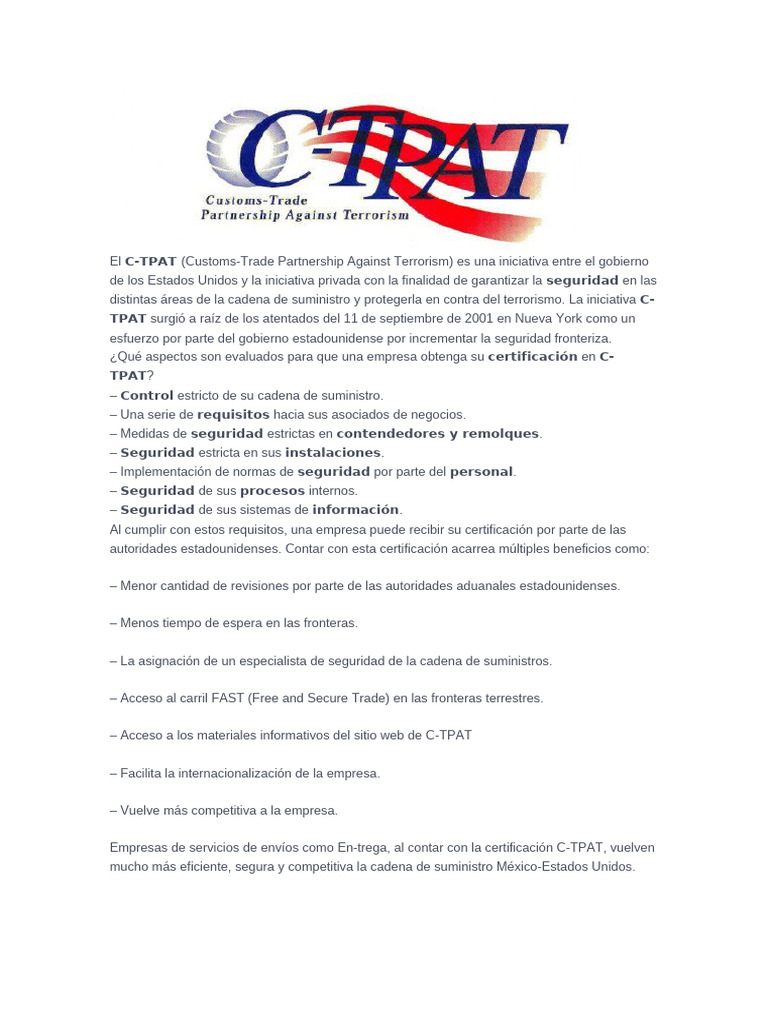 Programa C-Tpat | PDF | Aduanas y Protección de Fronteras de EE.UU ...