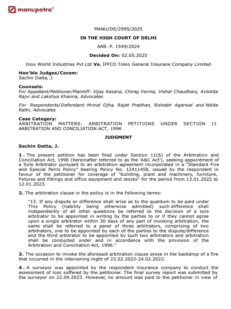 25 05 02 - Inox World Vs Iffco - DHC | PDF | Arbitration | Arbitral ...