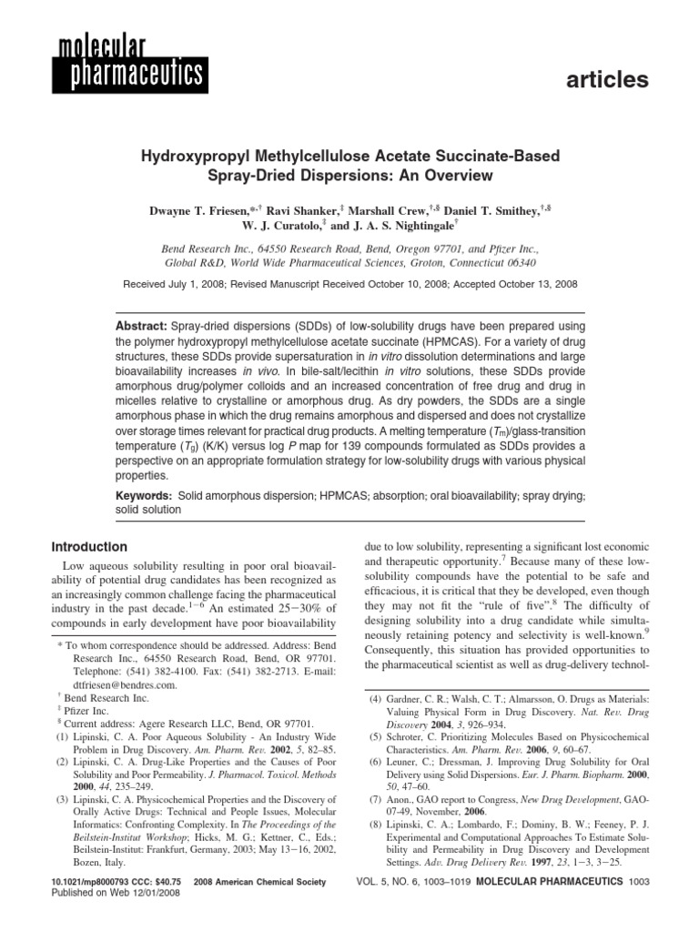 Hydroxypropyl Methylcellulose Acetate Succinate-Based Spray Dried Dispersions An Overview | PDF ...
