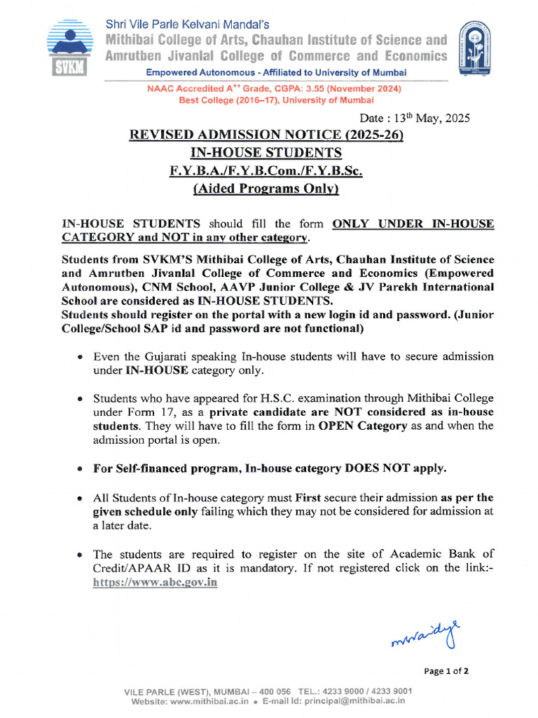 Revised First Year Inhouse Notice 2025 - 26 | PDF