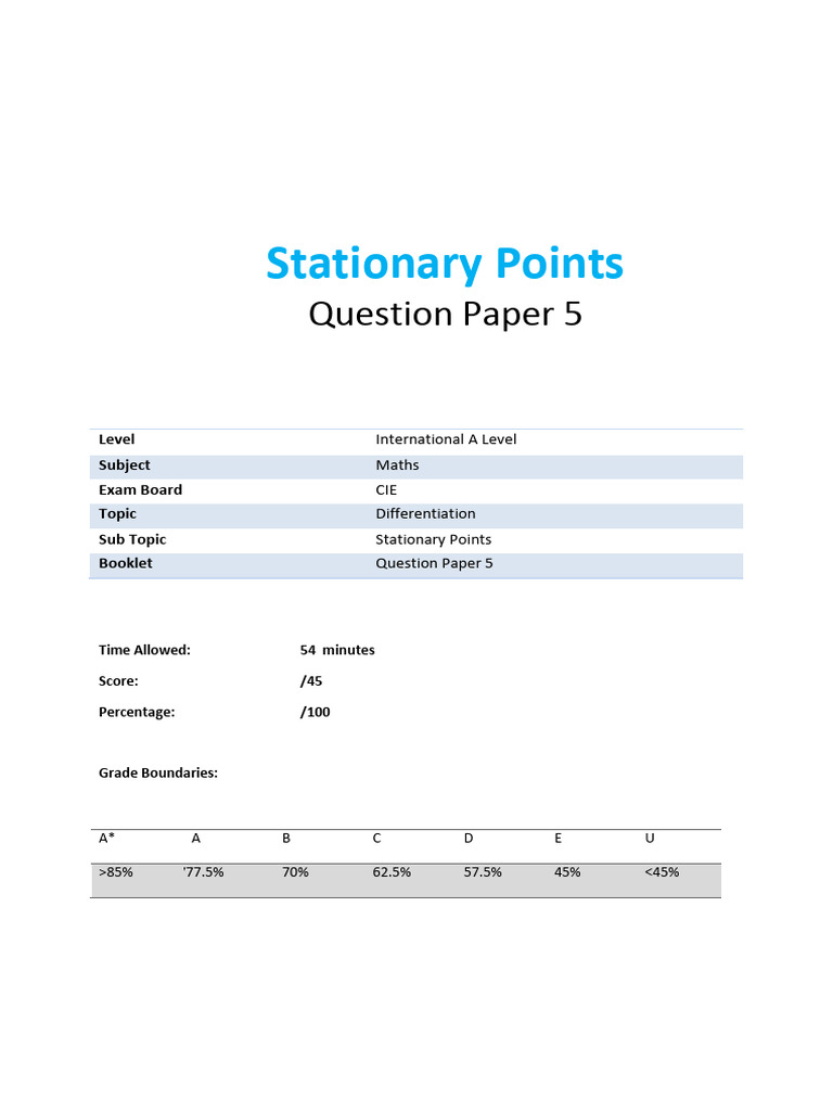 12.5 Stationary - Points QP - Cie Ial Maths | PDF | Student Assessment And Evaluation ...