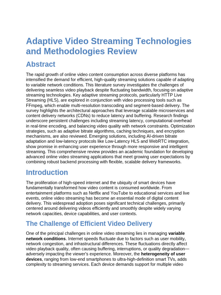 Adaptive Video Streaming Technologies and Methodologies Review | PDF ...