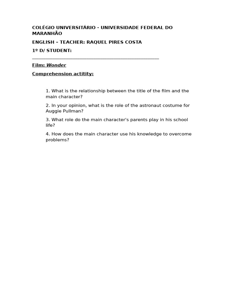 Film Wonder - Actitity | PDF