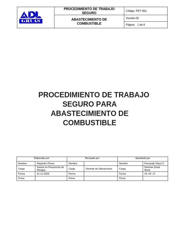 Procedimiento de Carga de Combustible Con Recipiente | PDF | Seguridad y salud ocupacional