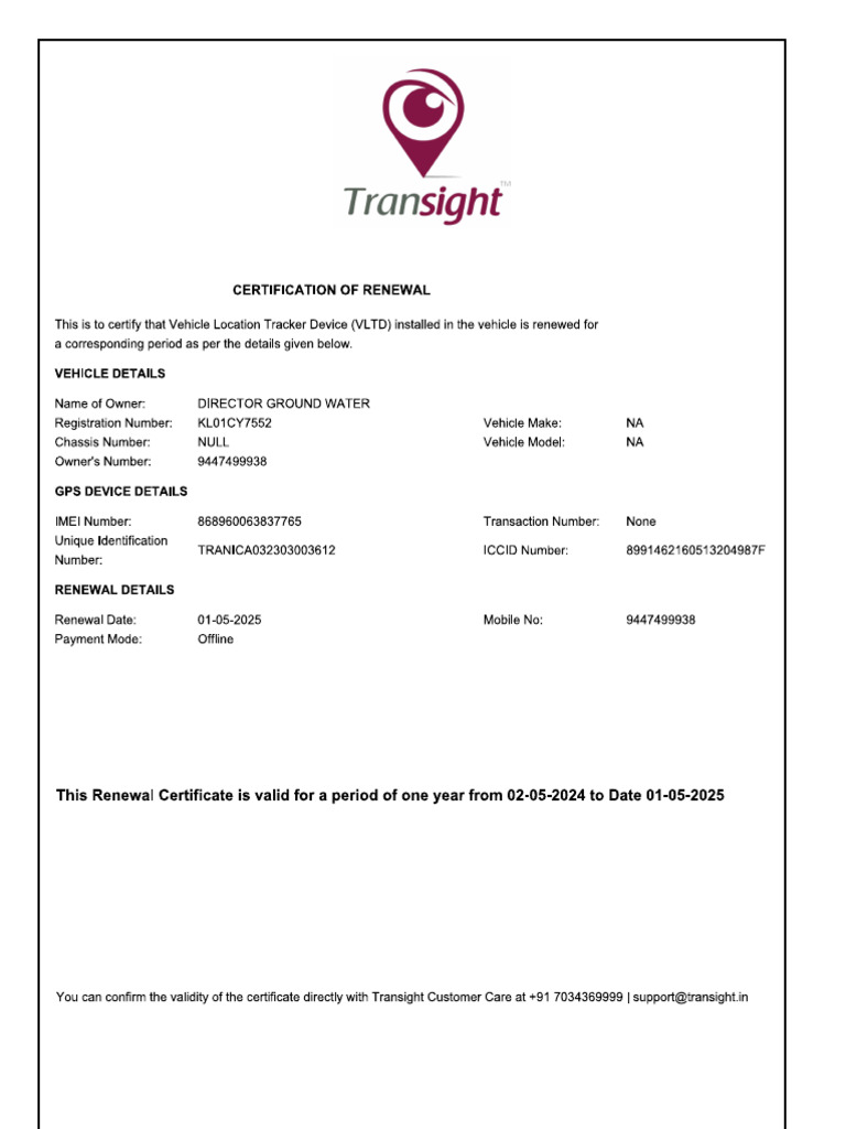 Transight GPS Renewal Certificate | PDF