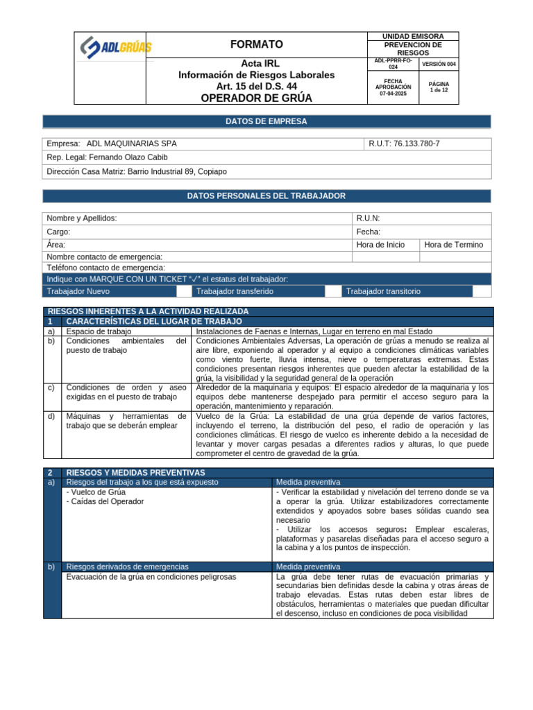 FORMATO__ODI_IRL__Información_de_los_Riesgos_Laborales_DS_44_V2__OPERADOR | PDF