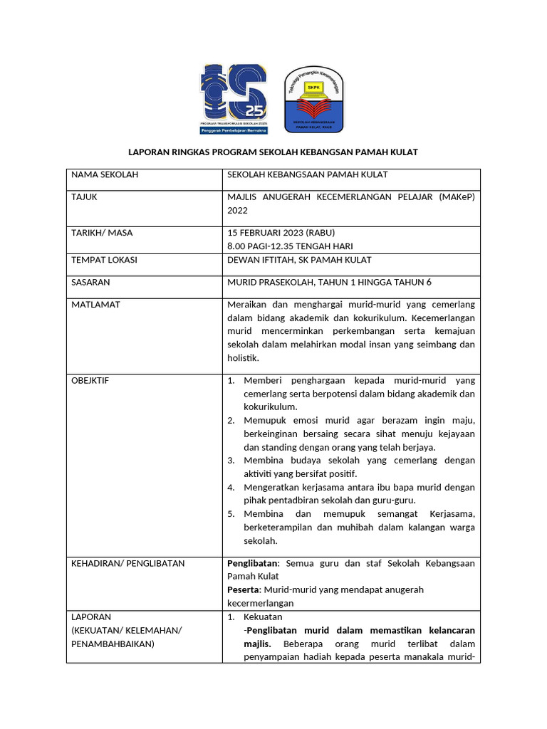 Laporan Ringkas Program Sekolah Kebangsan Pamah Kulat | PDF