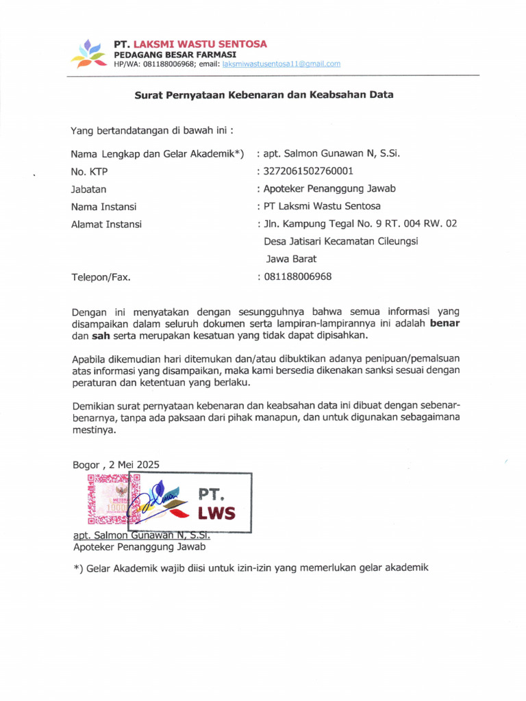 Surat Pernyataan Kebenaran Dan Keabsahan Data | PDF