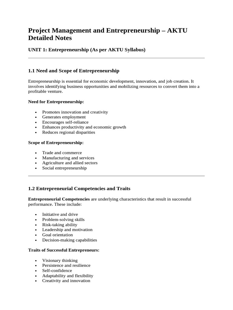 AKTU Project Management & Entrepreneurship | PDF | Entrepreneurship ...