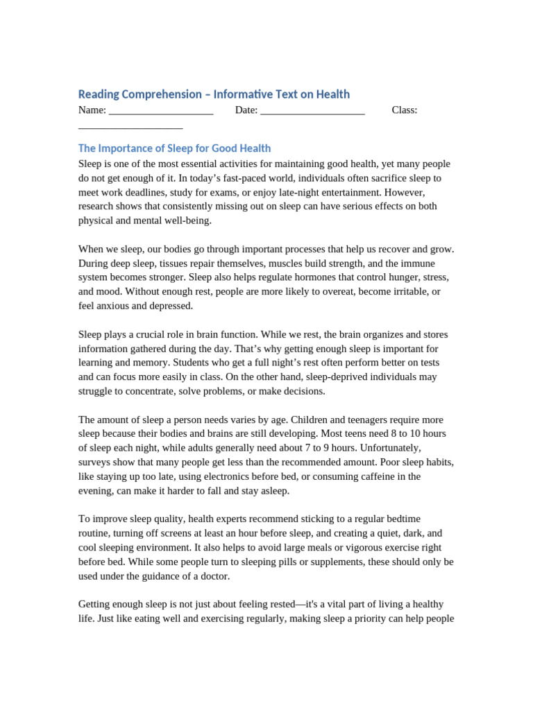 Health Reading Comprehension | PDF | Sleep | Adolescence