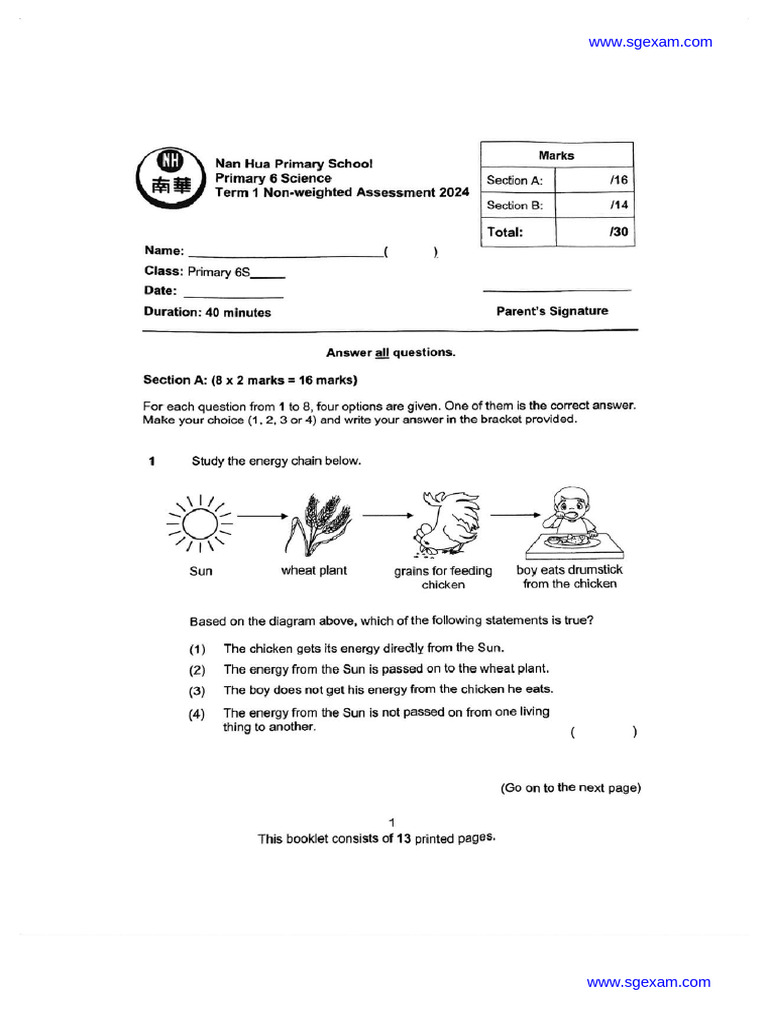 2024 P6 Science Non Weighted Assessment 1 Nan Hua | PDF