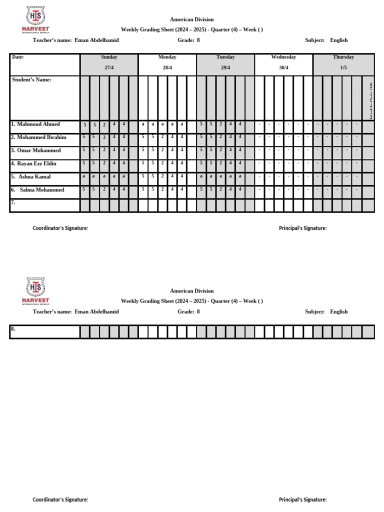 Weekly Grading Sheet GR - 8 Qu 4-2 | PDF