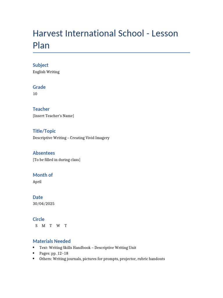 Writing Lesson Plan Descriptive Grade10 | PDF | Writing | Brainstorming