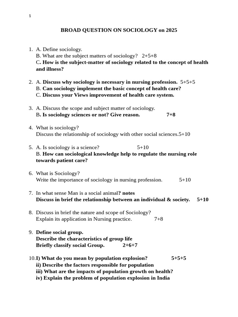 Broad Questions On Sociology For 2025-1 | PDF | Sociology | Social Sciences