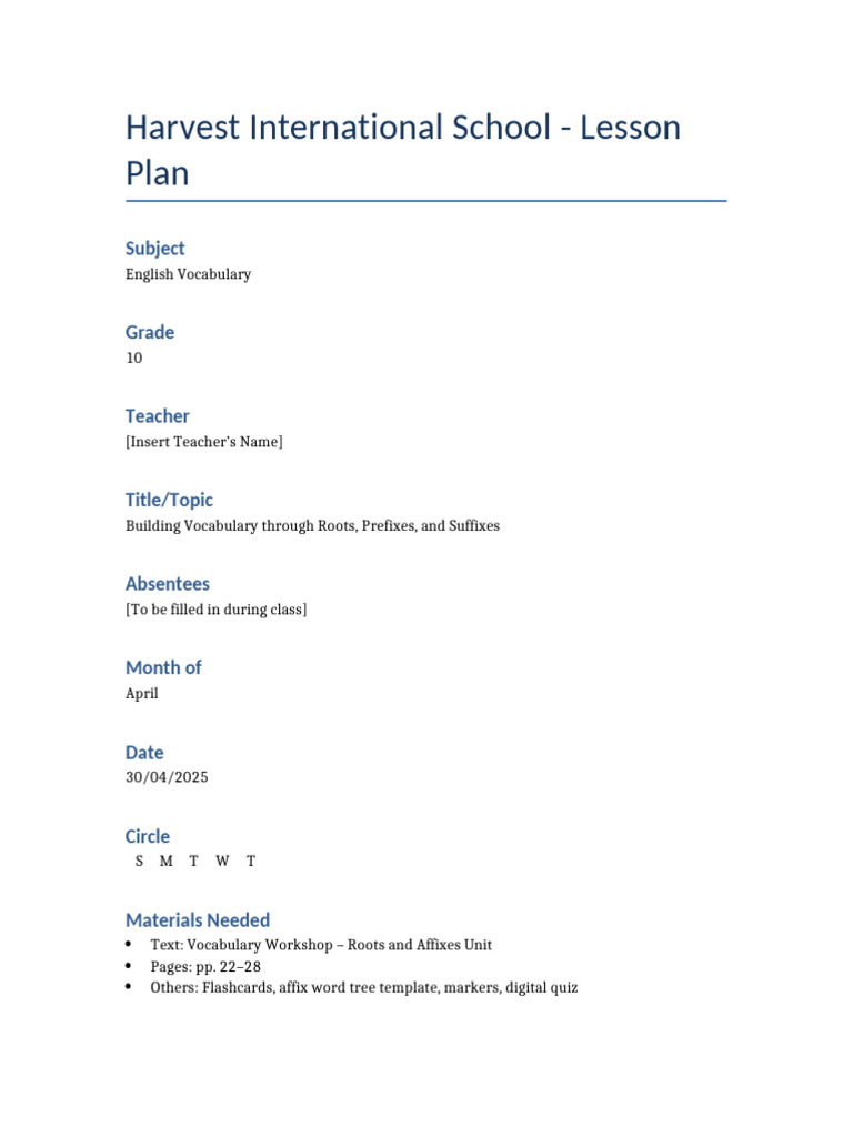 Vocabulary Lesson Plan Affixes Grade10 | PDF | Word | Vocabulary