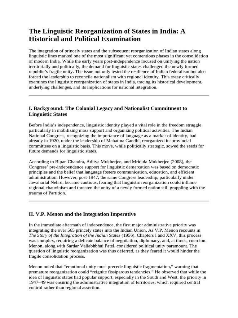The Linguistic Reorganization of States in India | PDF | Politics Of India