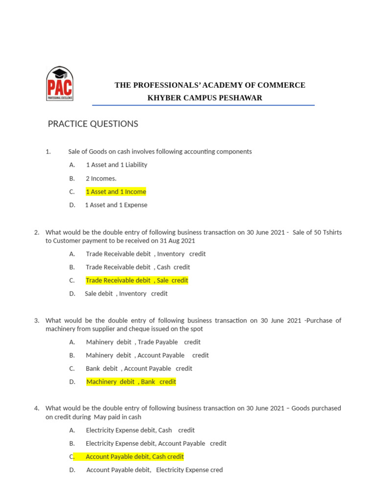 Accounting Practice Questions and Answers | PDF | Debits And Credits ...