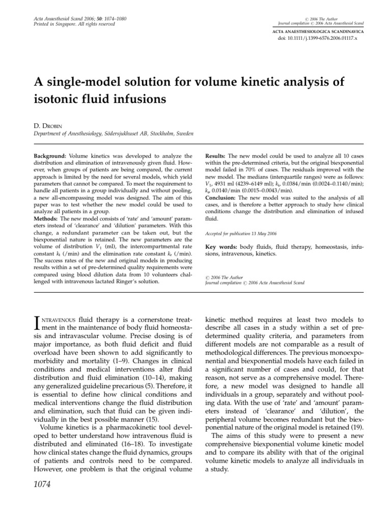 Acta Anaesthesiol Scand - 2006 - Drobin - A Single Model Solution For Volume Kinetic Analysis of ...