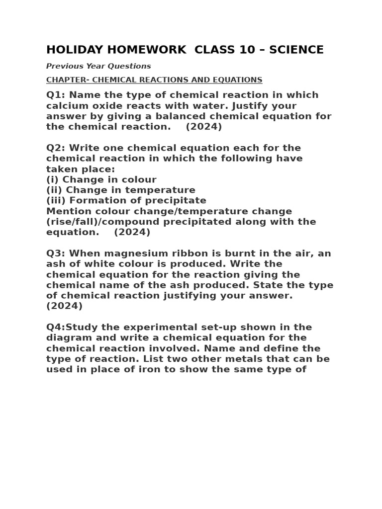 Holiday Homework Class 10 | PDF | Chemical Reactions | Chemical Substances