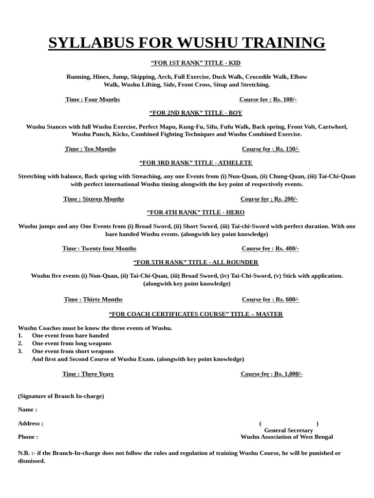 Wushu Training Syllabus Overview | PDF | Chinese Martial Arts ...