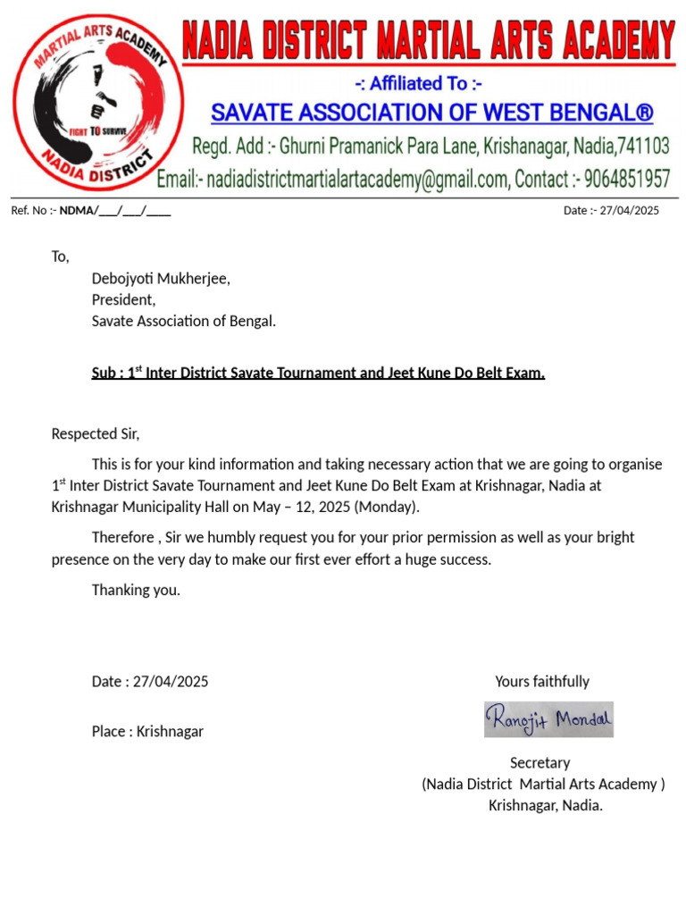 Nadia District Martial Arts Academy Letter Pad | PDF