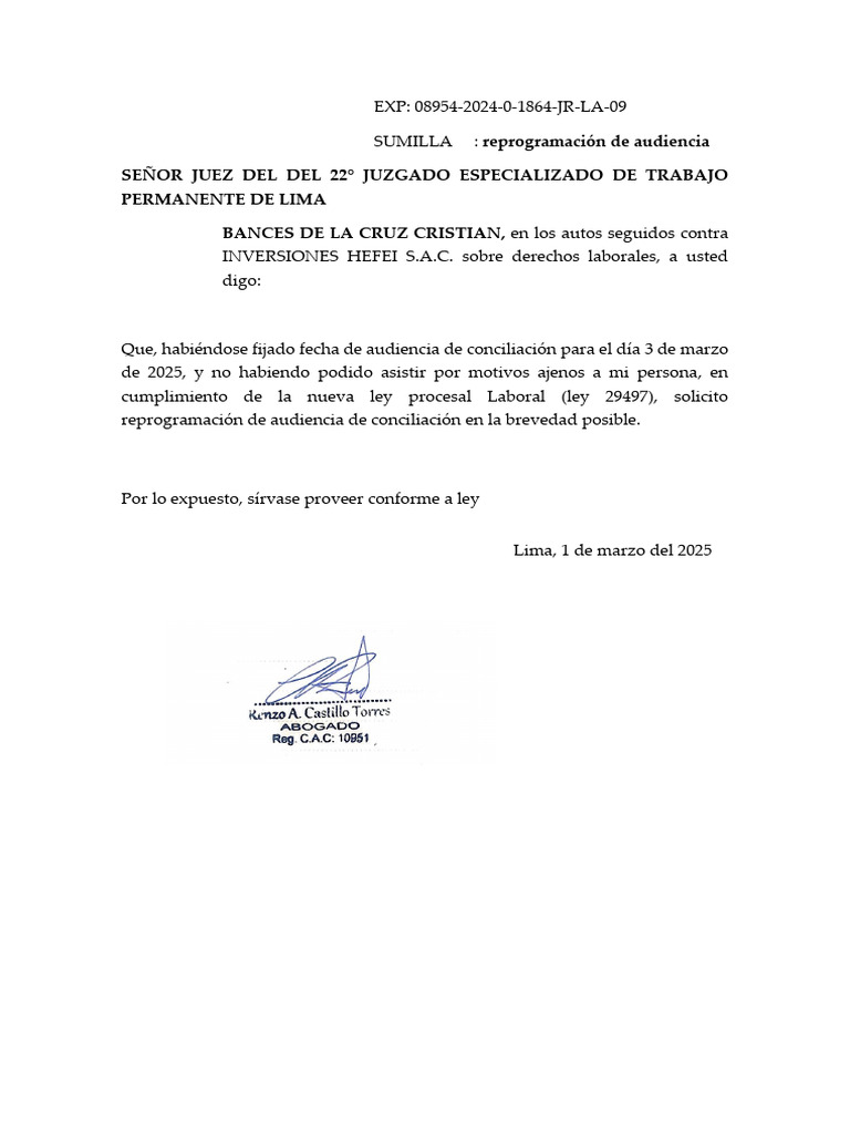 BANCES DE LA CRUZ CRISTIAN - Reprogramacion de Audiencia | PDF