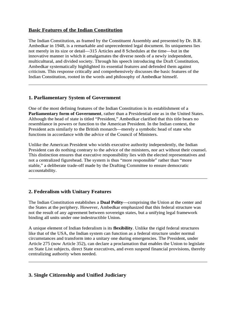 Basic Features of Indian Constitution | PDF | Constitution | Citizenship