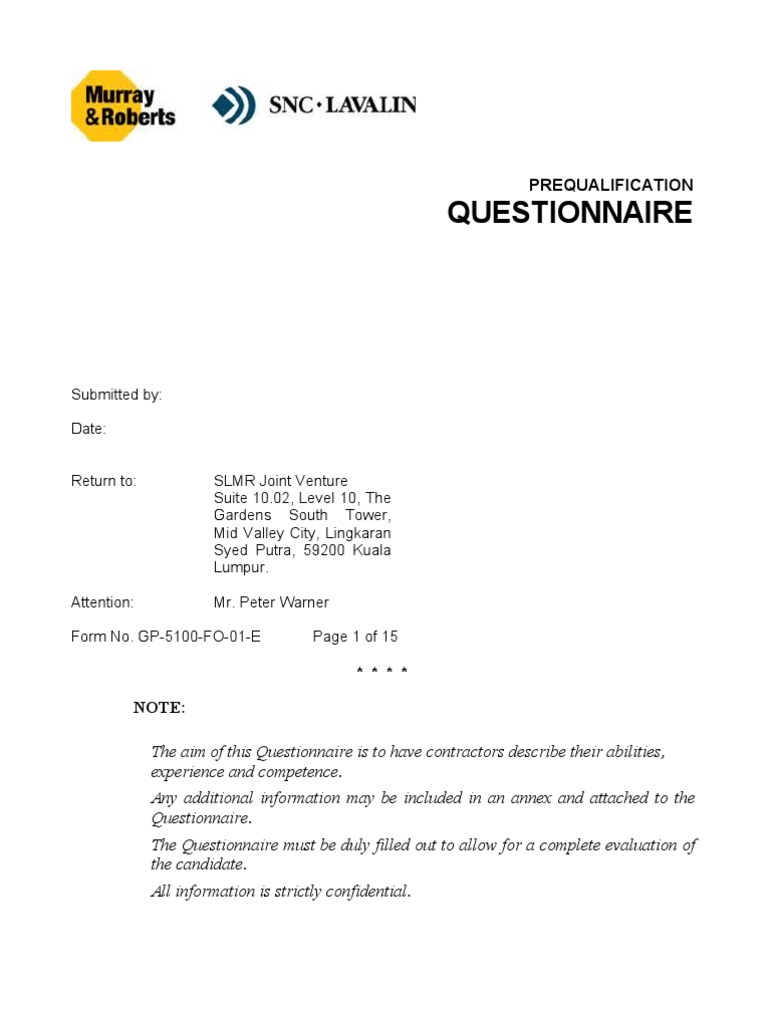 GP 5100 FO 01 E - Prequalification - Questionnaire | PDF | General Contractor | Insurance