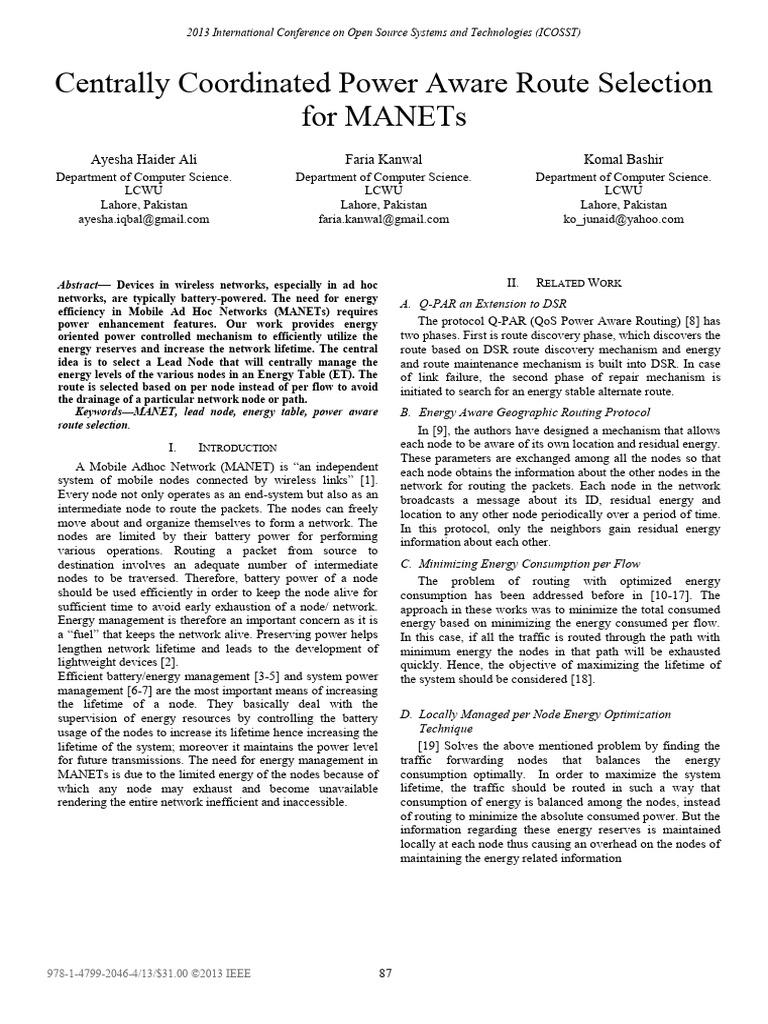 Centrally Coordinated Power Aware Route Selection For Manets | PDF | Wireless Ad Hoc Network ...