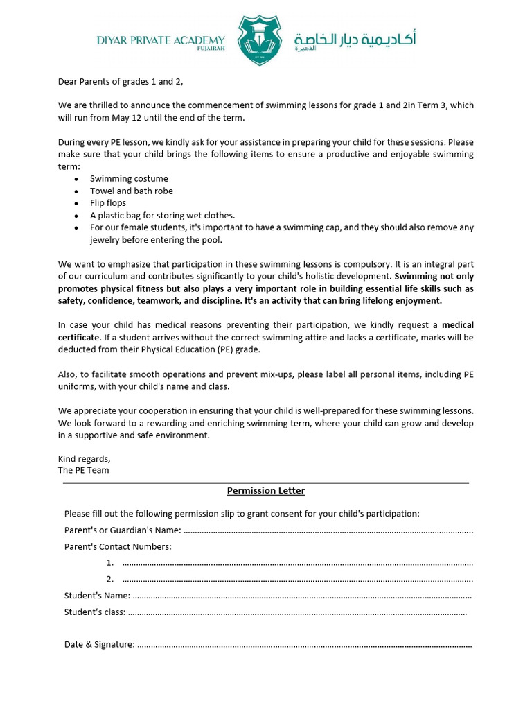 Swimming Form Grade 1-2 - Term 3 2024-2025 | PDF