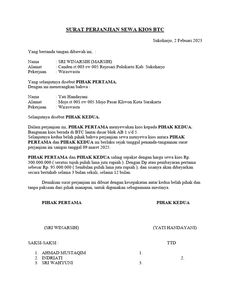 Surat Perjanjian Sewa Kios BTC | PDF