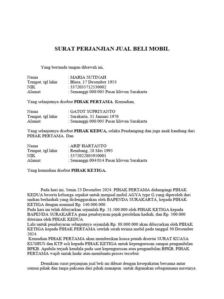 Surat Perjanjian Jual Beli Mobil | PDF